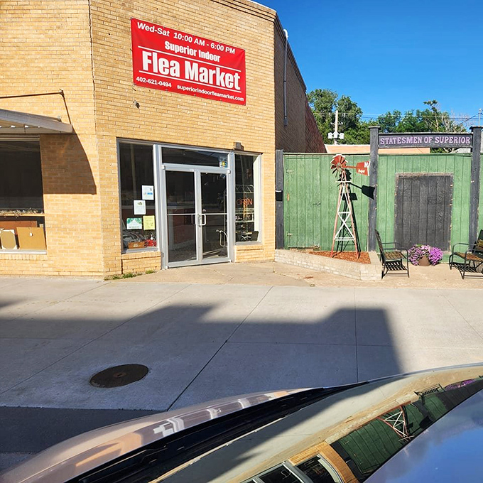 A charming windmill welcomes shoppers to Superior's indoor treasure hunt. Nebraska's agricultural past meets collector's paradise!