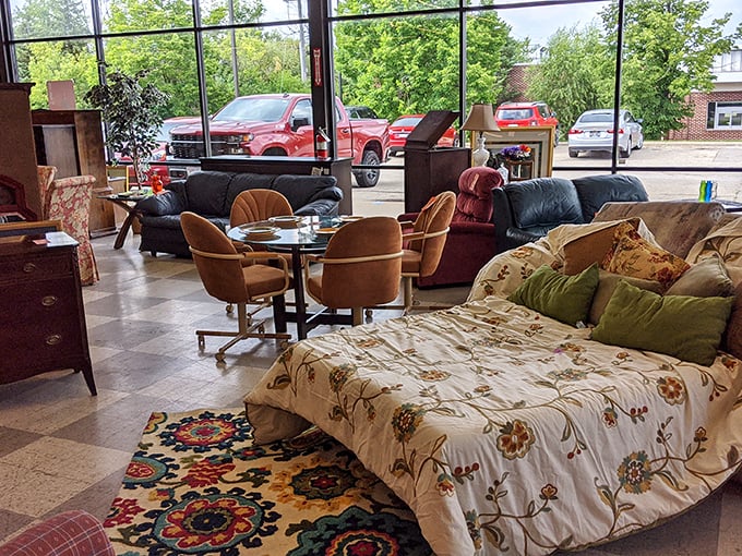 Cozy corners and comfy couches! This furniture display makes you want to curl up with a good thrifted book.