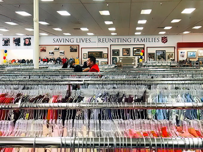 Inside the Salvation Army, racks of colorful clothing wait like chapters in a book where every piece tells someone else's story.