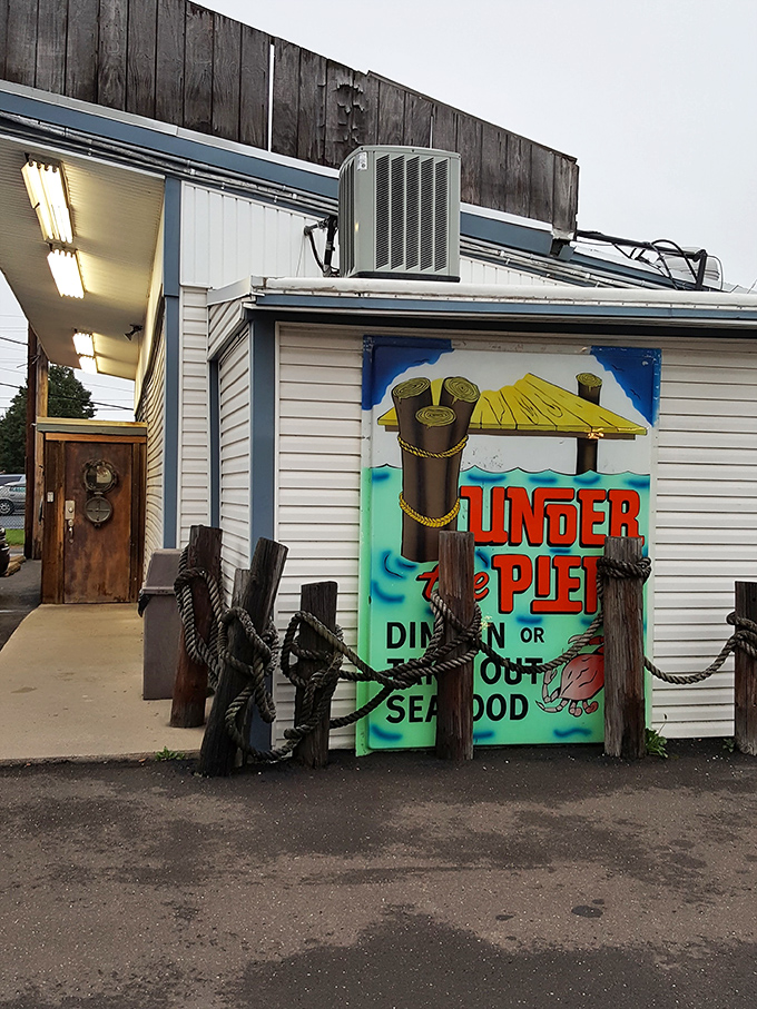 The hand-painted sign and wooden posts hint at the no-frills, all-flavor approach to seafood inside.