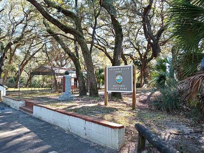 Where history meets Spanish moss. Yellow Bluff Fort's entrance sign welcomes you to step back in time.