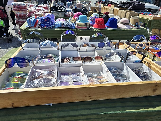 Sunglasses and hats galore—because everyone deserves to look mysteriously fabulous while hunting for vintage vinyl records and antique doorknobs.