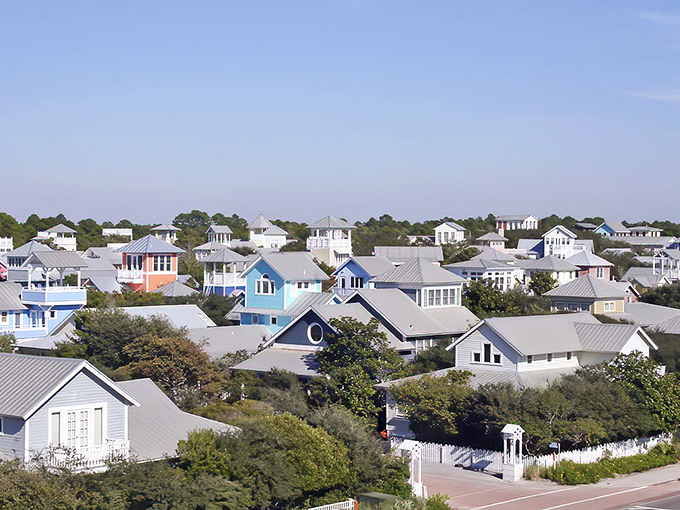 From above, Seaside&rsquo;s houses form a striking patchwork of coastal living, each one telling its own story through distinctive architecture and thoughtful design.