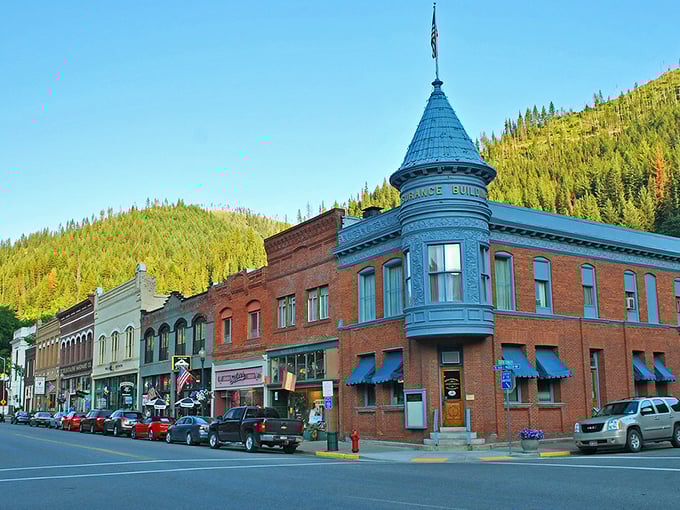 The Spokane Building's blue turret crowns downtown Wallace, where colorful storefronts line up like well-preserved time capsules from the mining era.