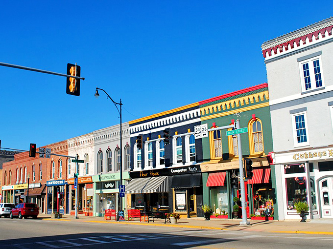 Princeton's colorful downtown storefronts pop against the blue sky like a Midwest Wes Anderson film set, each building with its own distinct personality.