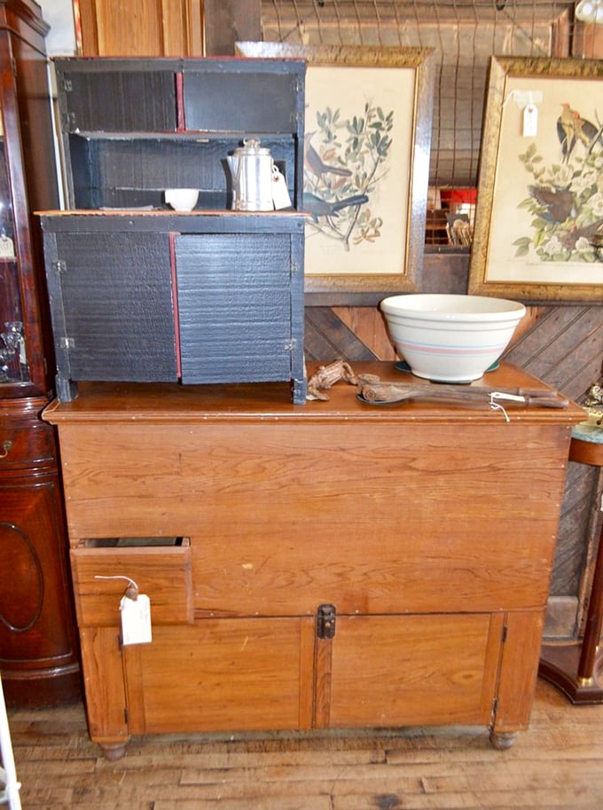 A farmhouse cabinet and vintage mixing bowl create the perfect vignette, like a still life painting you can actually take home.