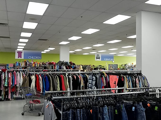 Color-coded clothing creates a rainbow of retail possibilities. The children's section offers budget-friendly solutions for growing kids and shrinking wallets.