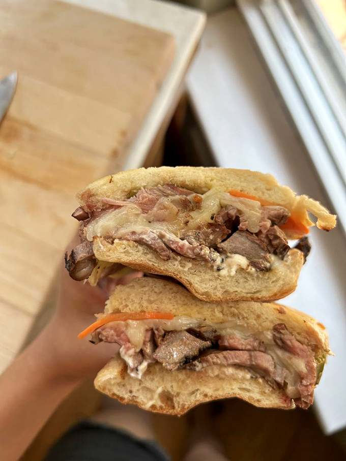The Asian Flank Steak sandwich brings international flair to East Nashville. Those tender meat slices and veggies create a handheld flavor explosion.