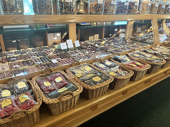 Wicker baskets cradle colorful confections like precious jewels, proving some of life's greatest treasures come wrapped in cellophane.