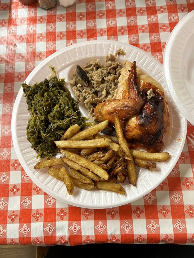 Barbecue chicken, collards, and fries &ndash; the holy trinity of Southern comfort that makes you want to loosen your belt before you even start.
