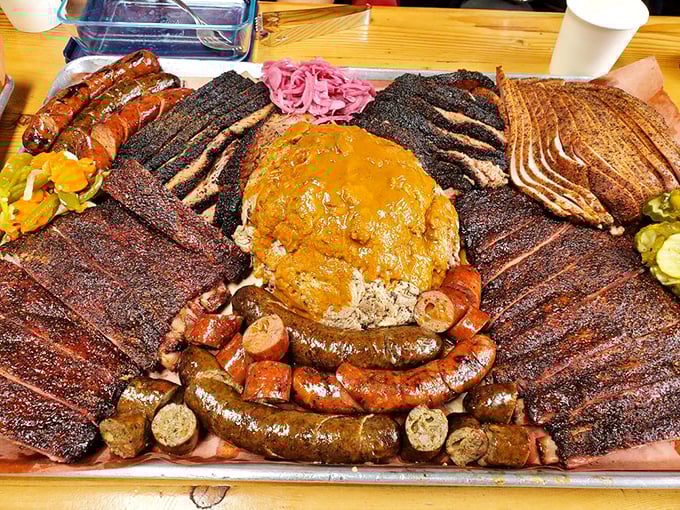 Not so much a platter as a meat landscape—exploring this BBQ terrain might require a compass and definitely requires an empty stomach.
