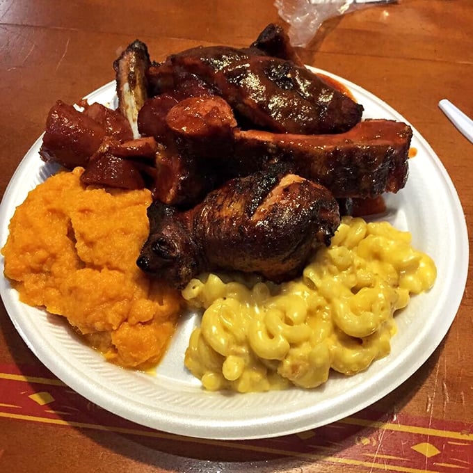 BBQ nirvana on a plate&mdash;ribs with that perfect bark, mac and cheese that's actually cheesy, and sweet potato mash that grandma would approve of.