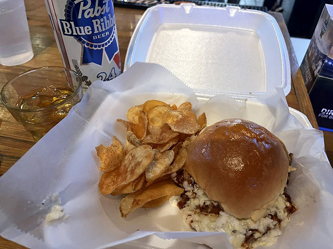 A proper PBR alongside a sandwich that's clearly been crafted with care &ndash; proof that unpretentious doesn't mean unimpressive.