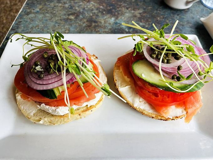 Bagel artistry at its finest. These open-faced beauties showcase the perfect balance of cream cheese, veggies, and morning sunshine.