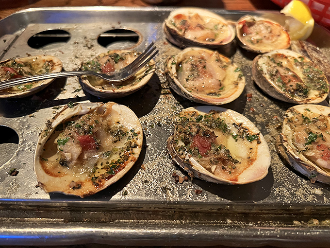 Baked clams that would make Neptune himself jealous, bubbling with savory goodness on a metal tray that's seen thousands of happy diners.