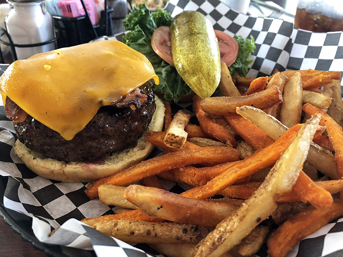 Fries so plentiful they're staging a takeover of the basket. The burger, meanwhile, sits confidently knowing it's the real star of this show.