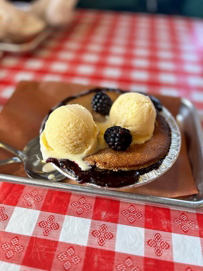 Dessert that understands its role in a barbecue joint &ndash; warm cobbler topped with ice cream and blackberries, because you need something sweet after all that savory.