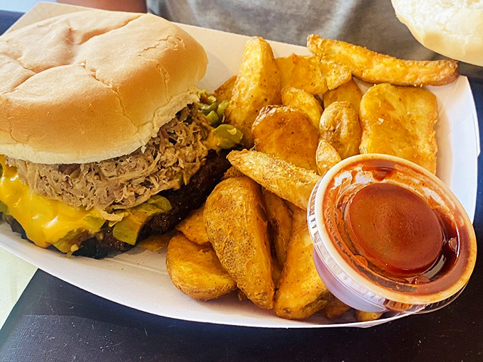 When a sandwich requires this many napkins, you know you're in the right place. These fries don't merely accompany&mdash;they compete for the spotlight.