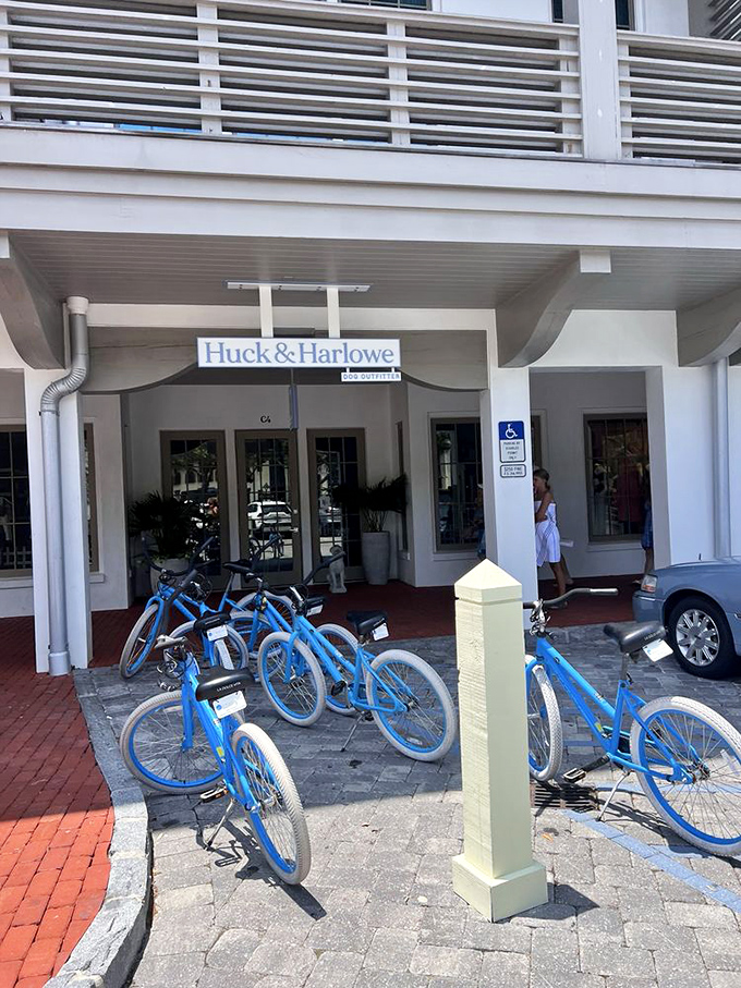 Blue cruiser bikes&mdash;the unofficial mascot of Rosemary Beach&mdash;waiting patiently to transport you from coffee to beach to happy hour.