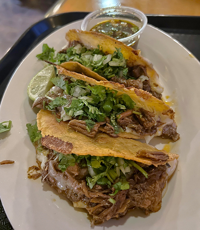 These birria tacos aren't just crispy&mdash;they're the kind of crunchy that makes strangers at nearby tables turn with envy.