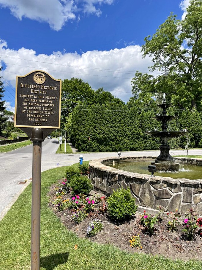 Bluefield's Historic District fountain creates a peaceful oasis where you can ponder how much more house your money buys here.
