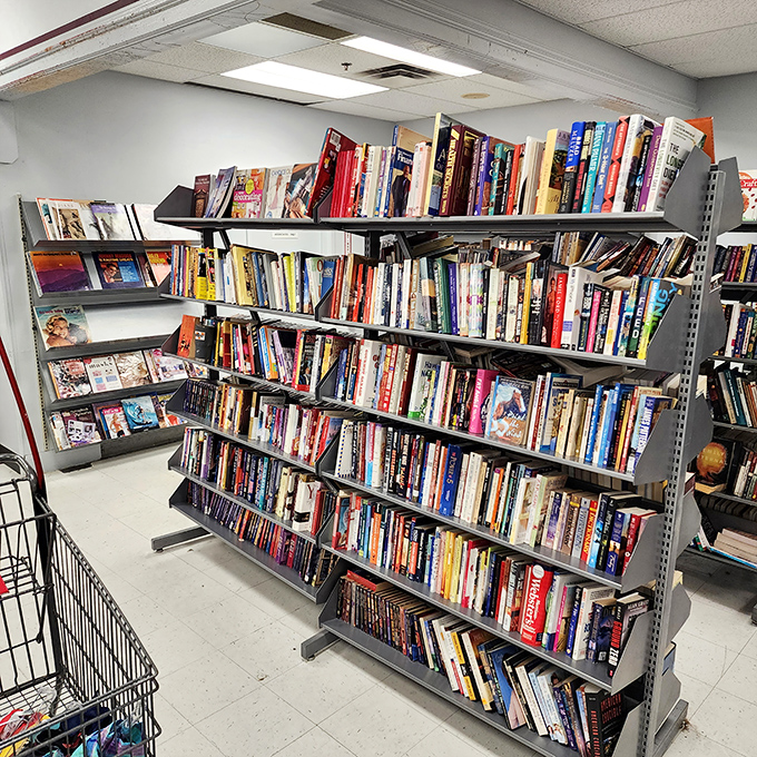 The book section rivals some small-town libraries, where dog-eared paperbacks and forgotten bestsellers await their second chance at being read.
