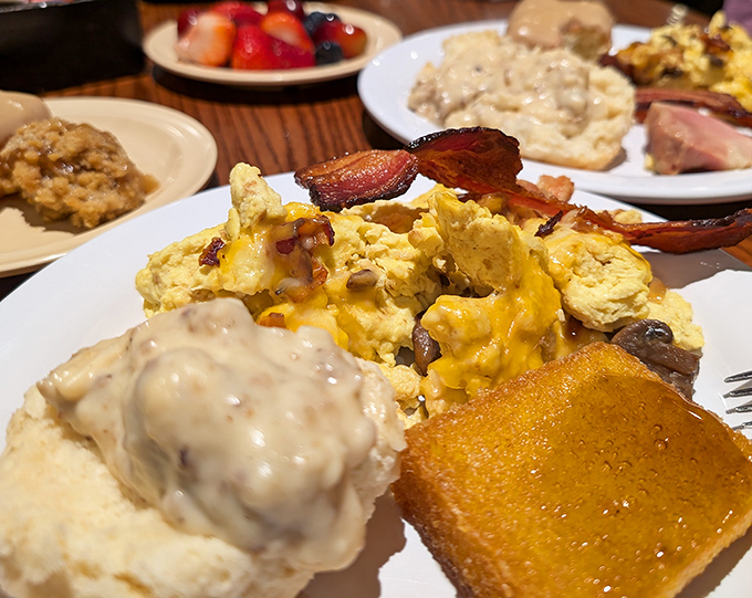 Breakfast of champions! This hearty spread featuring eggs, bacon, and biscuits with gravy is how Ohioans prepare for everything from barn raisings to board meetings.