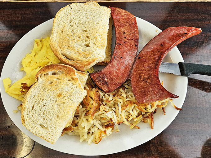 A breakfast trinity of eggs, toast, and hash browns that would make even Ron Swanson nod with solemn approval. Simple, perfect, no further questions.