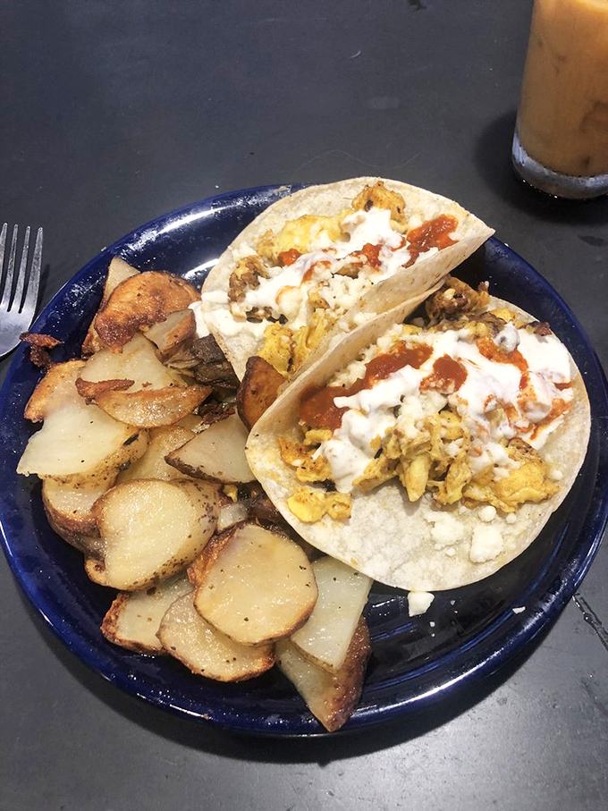 Breakfast tacos that bring a fiesta to your morning, with crispy potatoes standing by like loyal sidekicks to the main attraction.