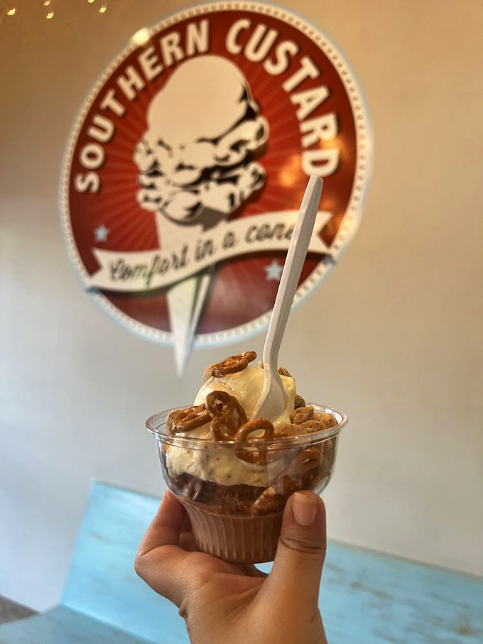 Their logo promises "comfort in a cone," but this cup of pretzel-topped custard delivers comfort, joy, and a reason to skip dinner altogether.