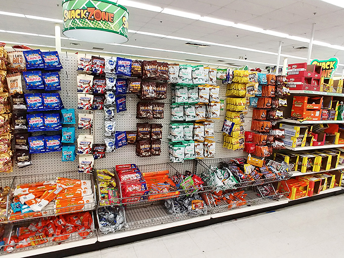 The Snack Zone—where willpower goes to die and movie night preparations come alive with familiar brands at unfamiliar prices.