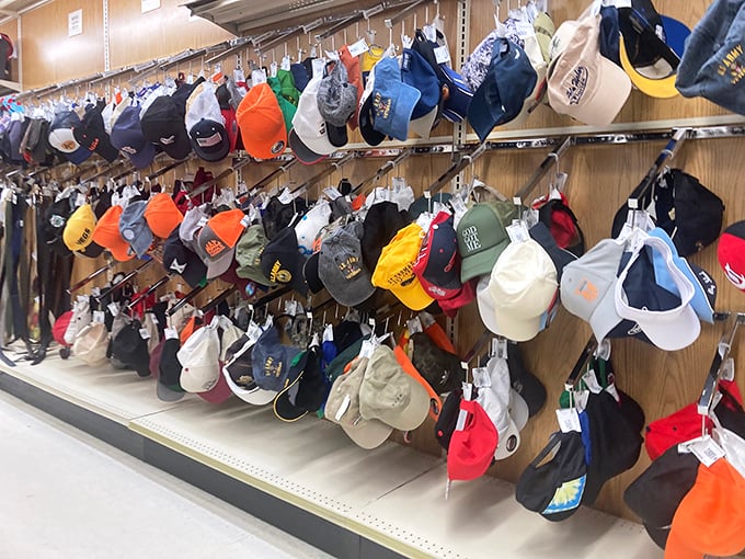Hat heaven! From trucker caps to sun hats, this wall of headwear offers solutions for bad hair days and sunny afternoons alike.