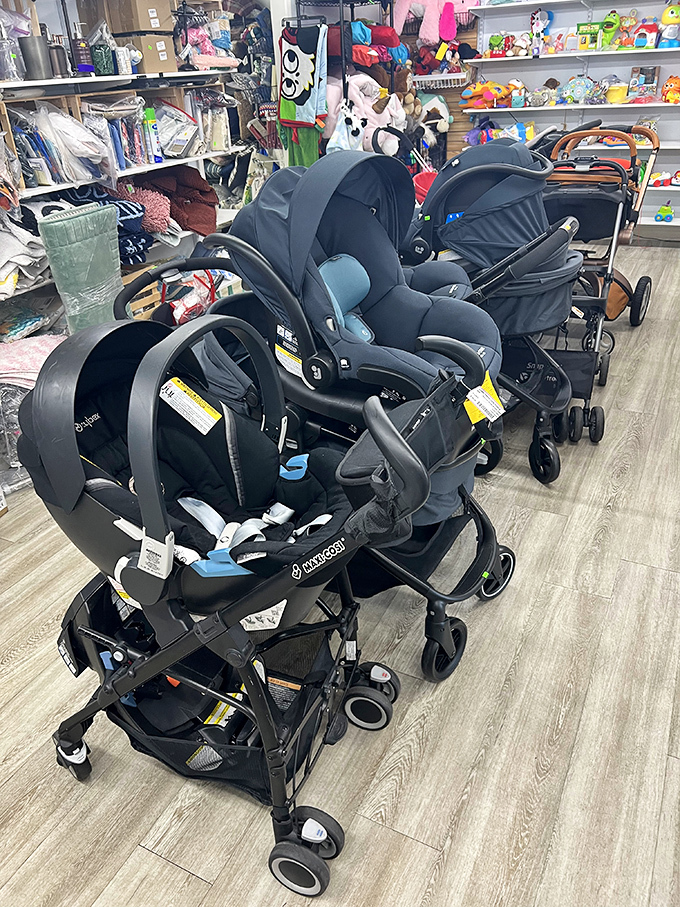 Stroller central! Young parents rejoice at finding high-end baby transportation at fraction-of-retail prices. These barely-used chariots await their next tiny passenger.