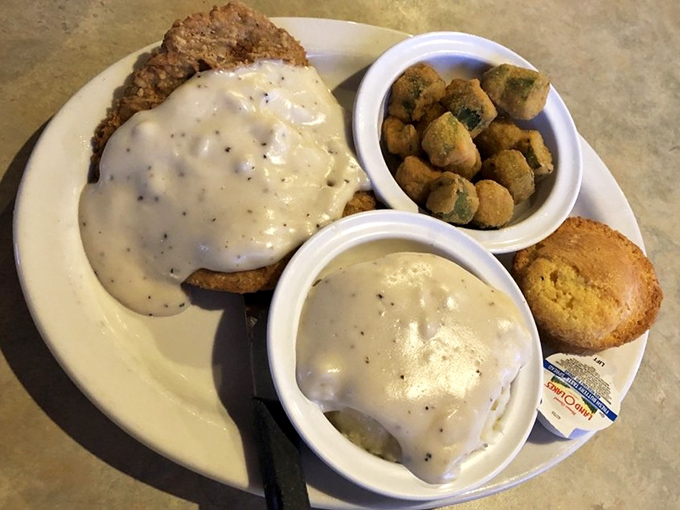 The Chicken Fried Steak comes draped in gravy so good you'll want to write it love letters, with sides that know their supporting role perfectly.