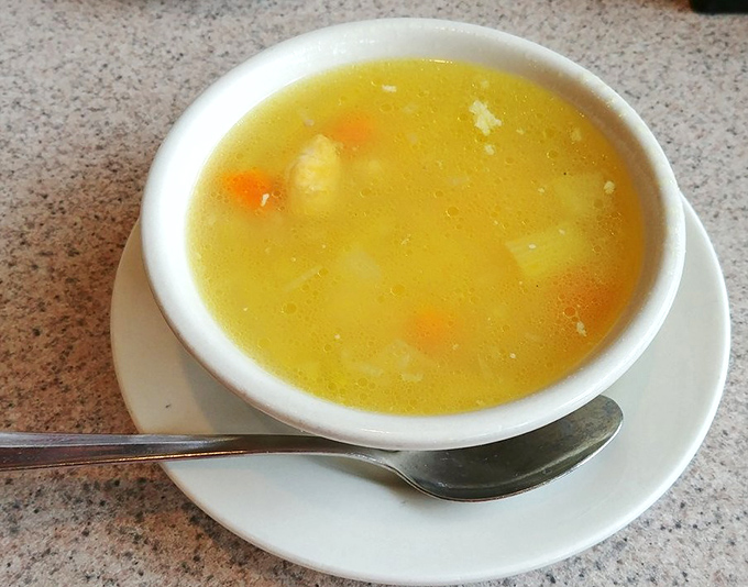 Golden chicken soup that could cure anything from a cold to a broken heart. Clear broth, visible vegetables, and the promise of comfort in every spoonful.