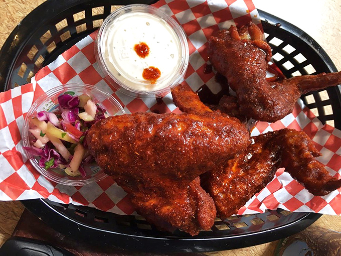 These wings could make vegetarians question their life choices. Served with slaw and dipping sauce that completes the holy trinity of flavor.