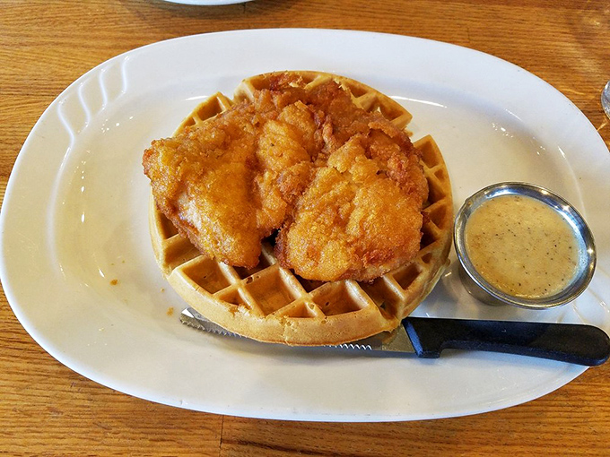 The chicken and waffles don't just share a plate&mdash;they've formed a delicious alliance that makes breakfast feel like a celebration.