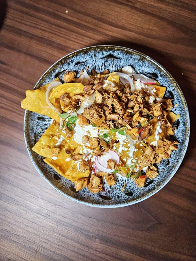 Chicken nachos that make a compelling argument for nachos as a complete meal. The protein-to-crunch ratio here is what nutritionists call "who cares, it's delicious."