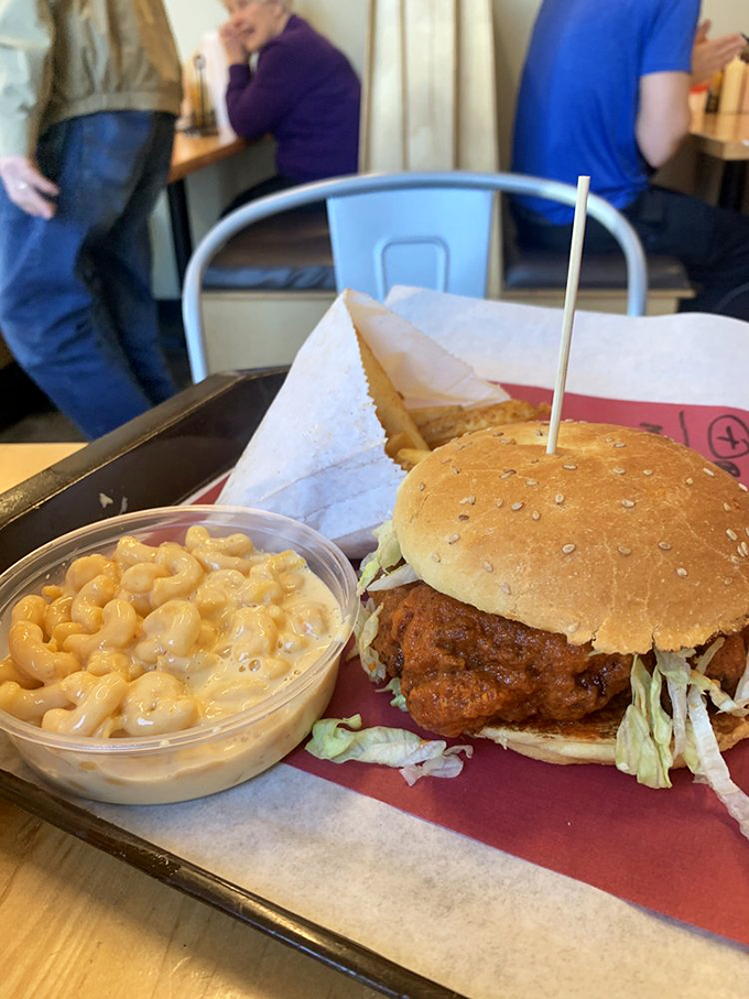 Crispy meets creamy in perfect harmony. This chicken sandwich with a side of that famous mac and cheese is the culinary equivalent of Martin and Lewis in their prime.