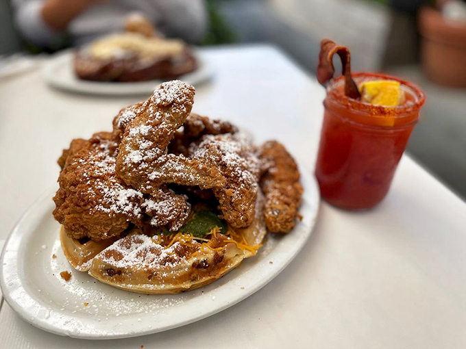 Chicken and waffles done right &ndash; crispy, golden perfection that bridges the gap between breakfast and lunch. 