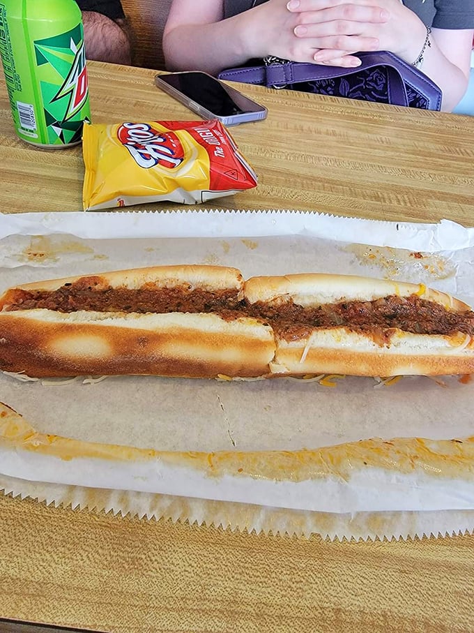 The signature meat sauce is the star here&mdash;rich, slightly spicy, and applied with the confidence that comes from decades of satisfied customers.