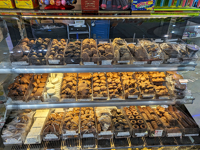 Chocolate heaven arranged with military precision. If the Swiss Army made dessert displays instead of knives, this would be their masterpiece.