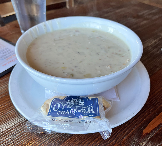 Creamy clam chowder that makes foggy days feel like a blessing. The oyster cracker is just a bonus in this bowl of coastal comfort.