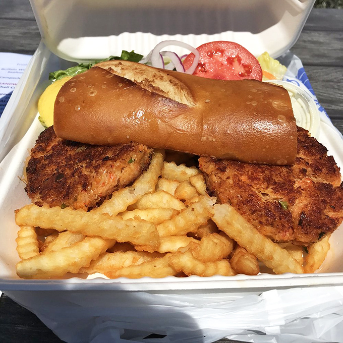 Crab cakes and fries &ndash; the comfort food of coastal dreams. These golden-brown discs of crabby goodness make you wonder why you'd ever waste time with lesser versions.