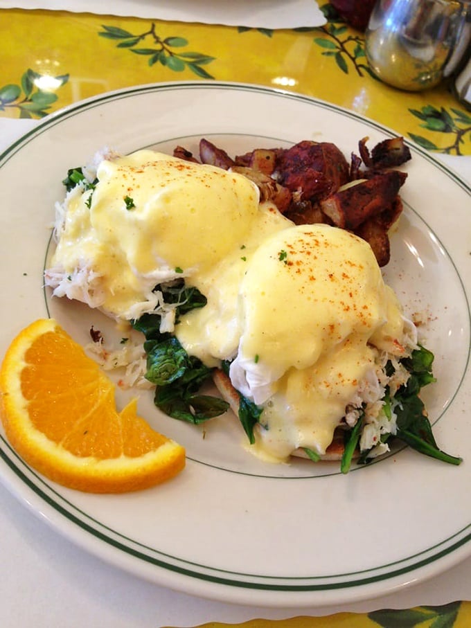 Dungeness crab benedict: where the ocean meets the farm in perfect harmony. Those potatoes on the side aren't just a garnish&mdash;they're essential supporting actors.