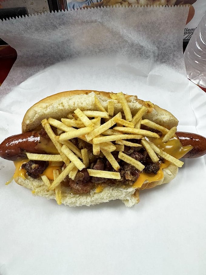 The "Dirty Dog" isn't misbehaving&mdash;it's just showing off with a mountain of chili, cheese, and fries that requires strategic eating techniques.