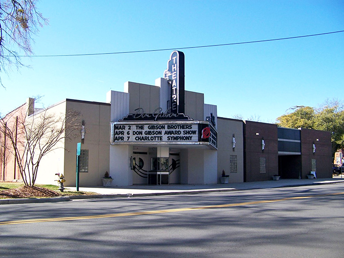 The Don Gibson Theatre marquee lights up downtown evenings, proving small towns can deliver big entertainment without the traffic nightmares.
