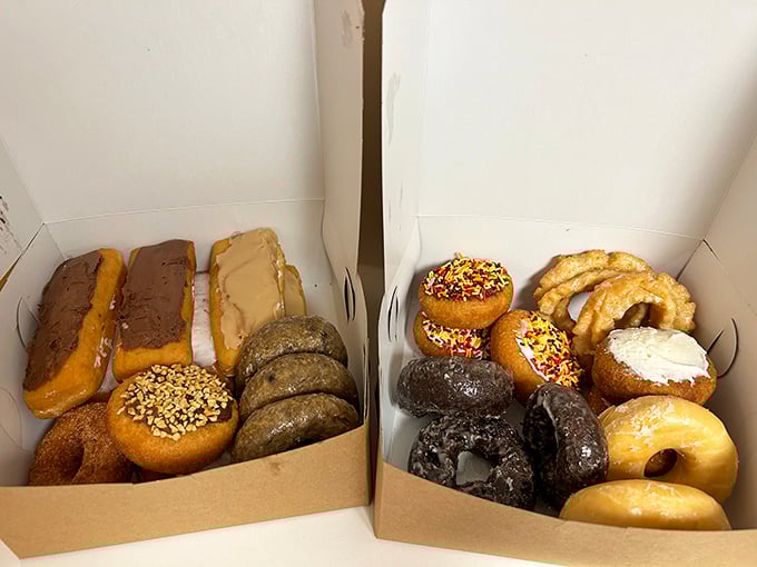 Donut heaven in cardboard boxes - from sprinkles to chocolate-topped longjohns. Diet plans come here to die glorious, delicious deaths.