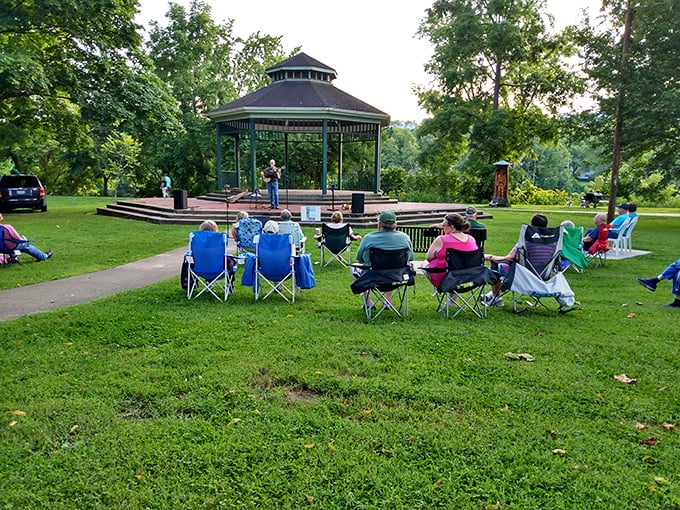 Summer concerts at the gazebo – where lawn chairs are the VIP section and the soundtrack competes with birdsong and distant river barges.
