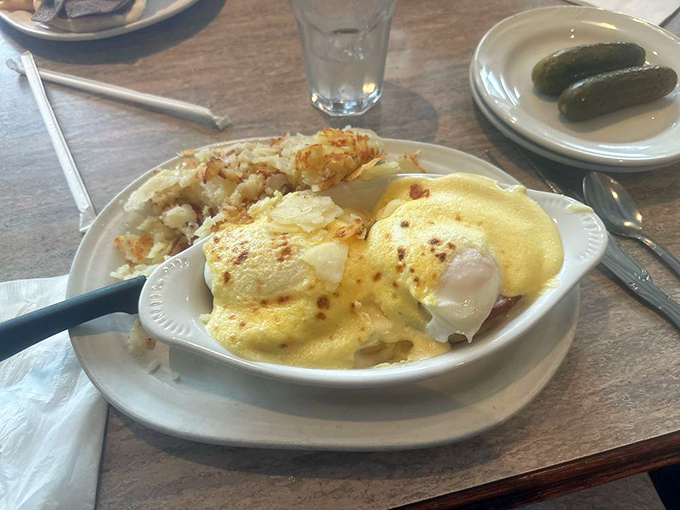 Eggs Benedict that would make a brunch snob weep with joy. That hollandaise sauce isn't just poured&mdash;it's practically performing a love sonnet.